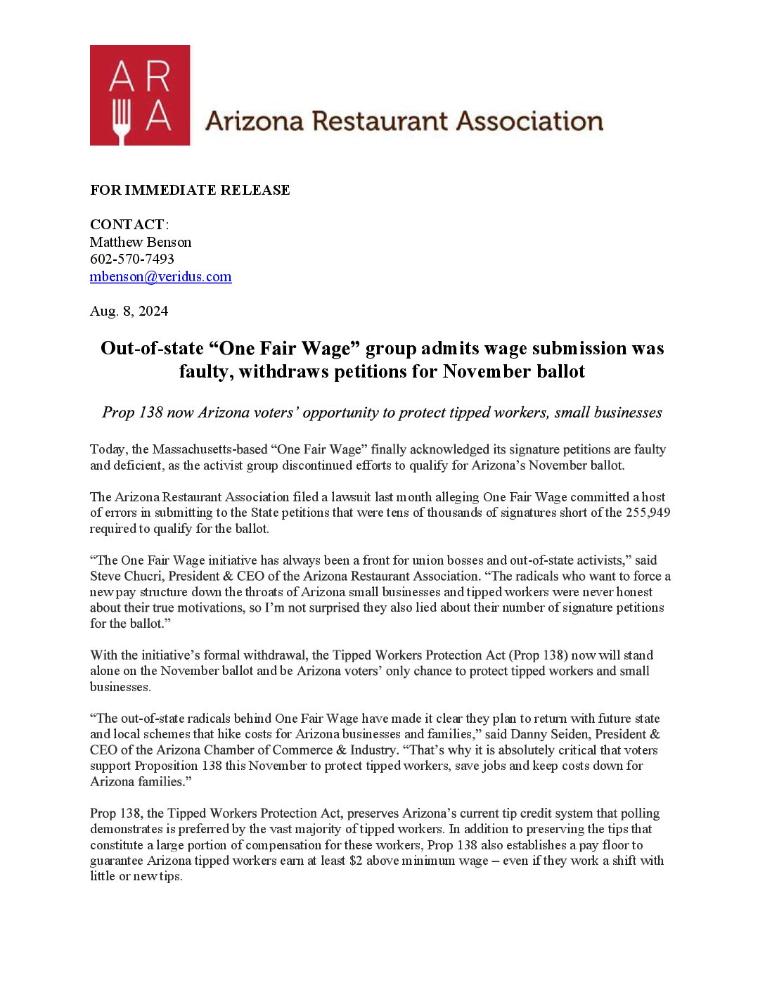 ARA-Press release | Arizona Restaurant Association